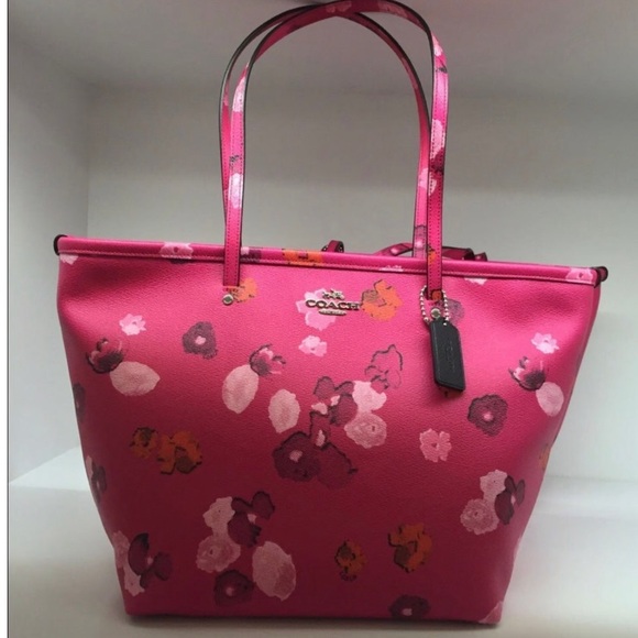 Coach | Bags | Coach Pink Floral Flower Print Coated Canvas City Tote ...